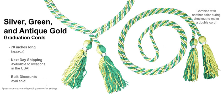 Silver Green and Antique Gold Graduation Cords from Honors Graduation